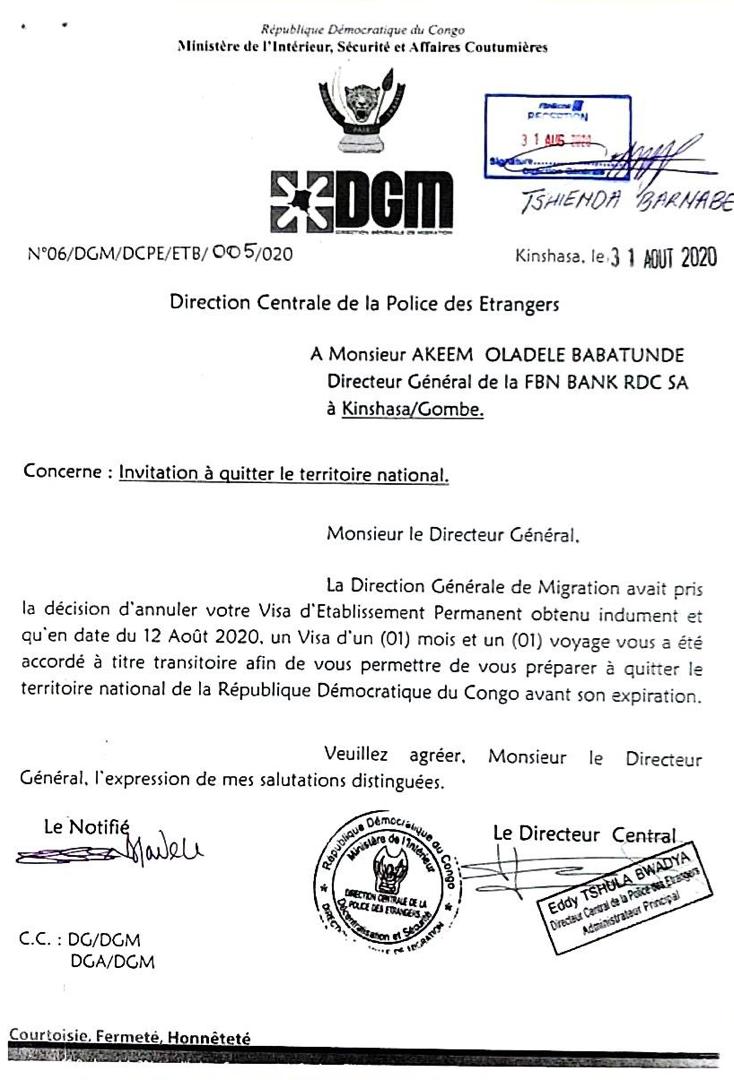 Le DG de la FBN Bank sommé de quitter la RDC