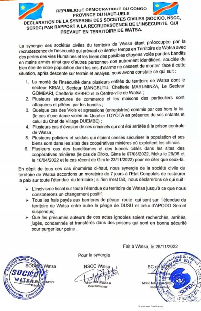 Recrudescence de l'insécurité à Watsa : la synergie des sociétés ...