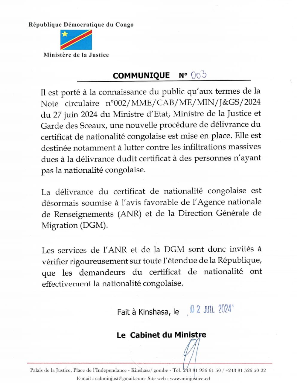 RDC-Ministère de la Justice : la délivrance du certificat de ...