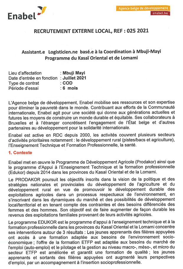 mediacongo.net - Offre d'emploi - Assistant(e) Logisticien(ne)