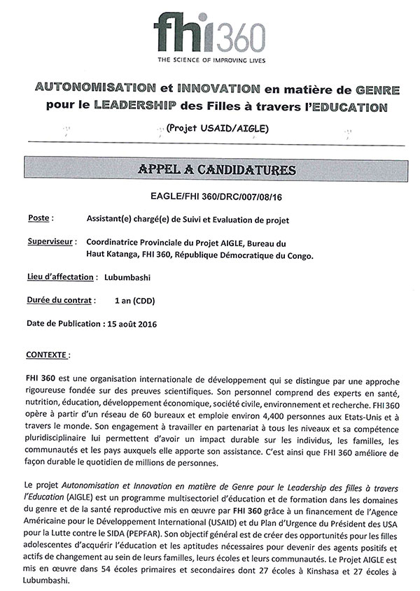 mediacongo.net - Offre d'emploi - Assistant(e) chargé(e) de Suivi et ...