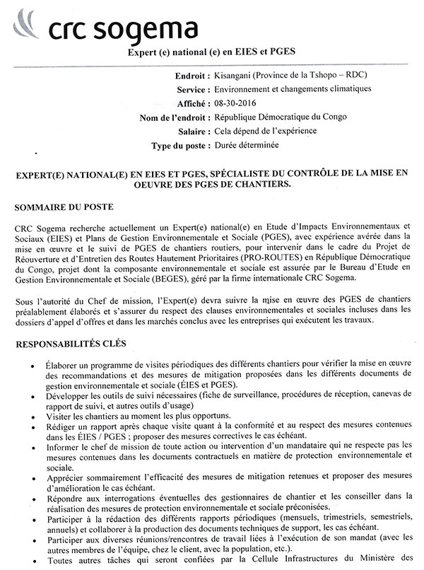 mediacongo.net - Offre d'emploi - Expert(e) national(e) en EIES et PGES