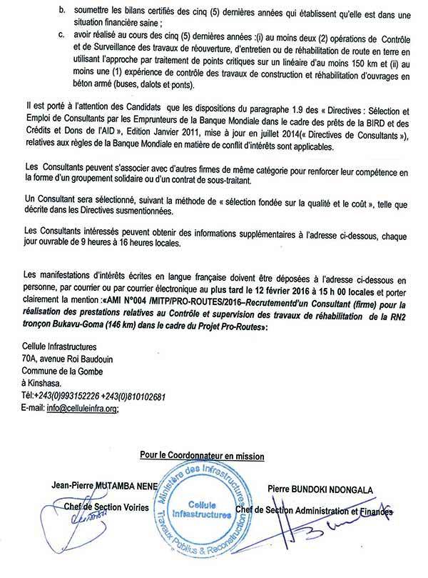 mediacongo.net - Offre d'emploi - Consultant (firme) pour la réalisation des prestations ...