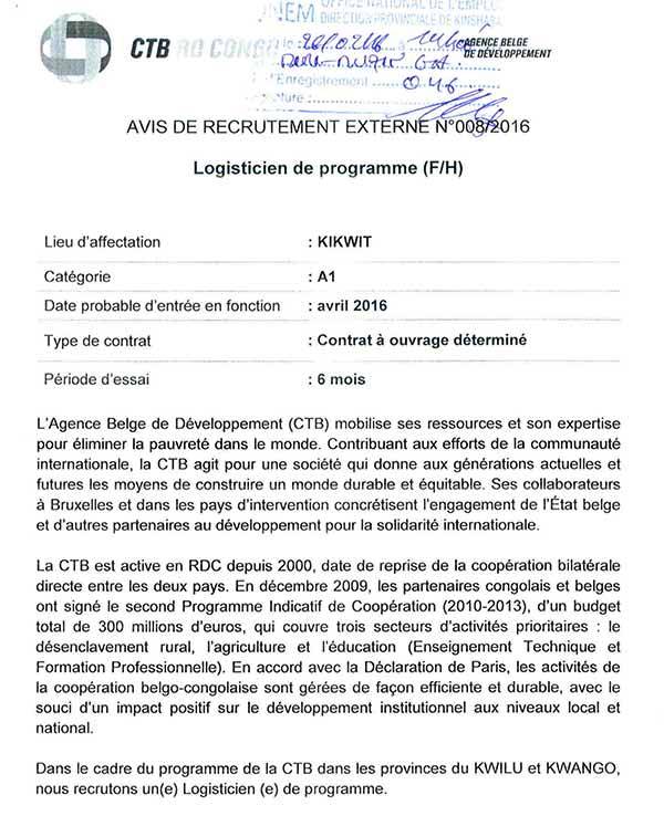 mediacongo.net - Offre d'emploi - Logisticien de programme