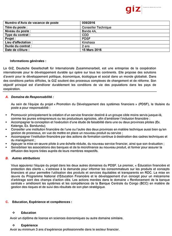 mediacongo.net - Offre d'emploi - Conseiller Technique mediacongo.net - Offre d'emploi - Conseiller Technique