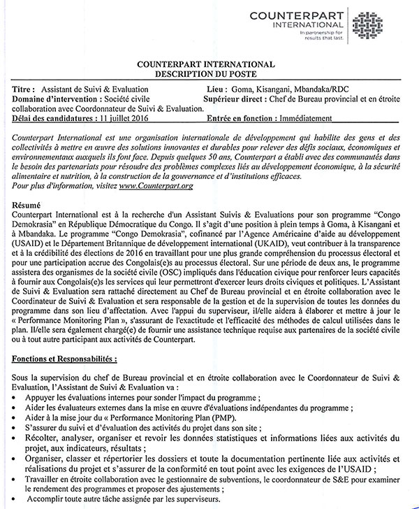 mediacongo.net - Offre d'emploi - Assistant de Suivi & Evaluation