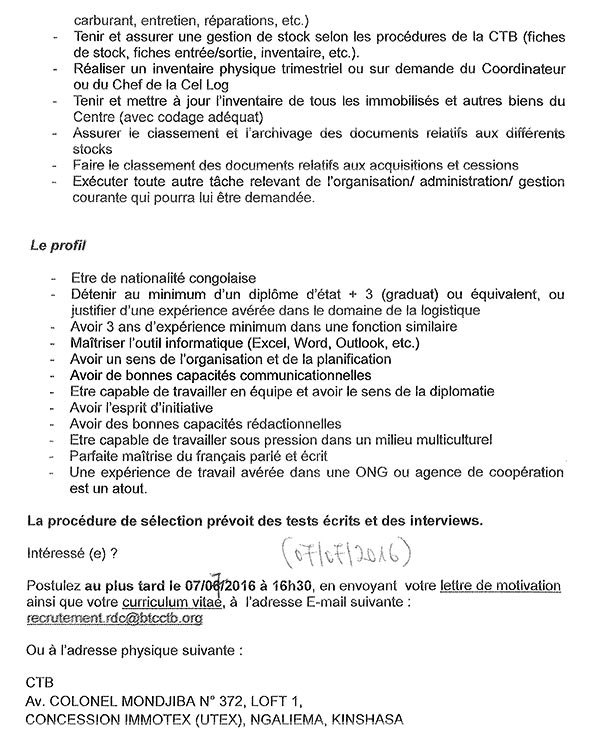 mediacongo.net - Offre d'emploi - Logisticien