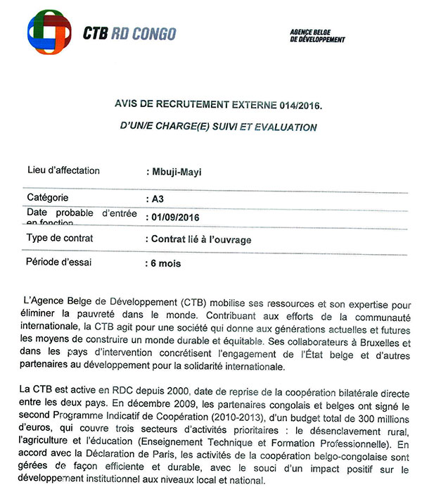 mediacongo.net - Offre d'emploi - Chargé(e) Suivi et Evaluation