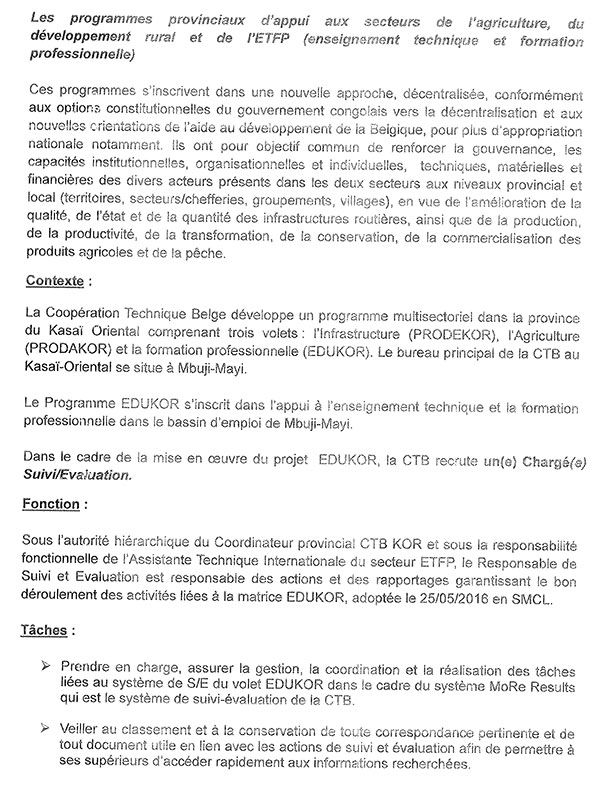mediacongo.net - Offre d'emploi - Chargé(e) Suivi et Evaluation