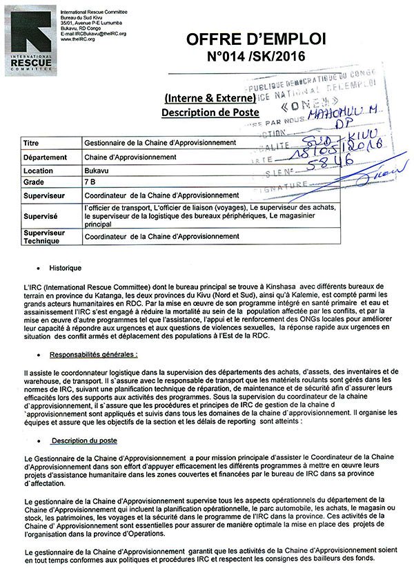 mediacongo.net - Offre d'emploi - Gestionnaire de la Chaine d'Approvisionnement