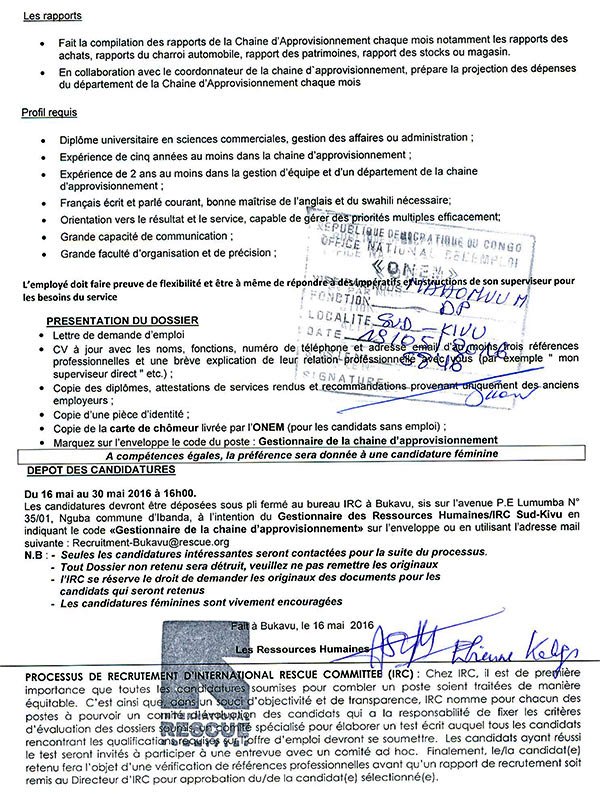 mediacongo.net - Offre d'emploi - Gestionnaire de la Chaine d'Approvisionnement