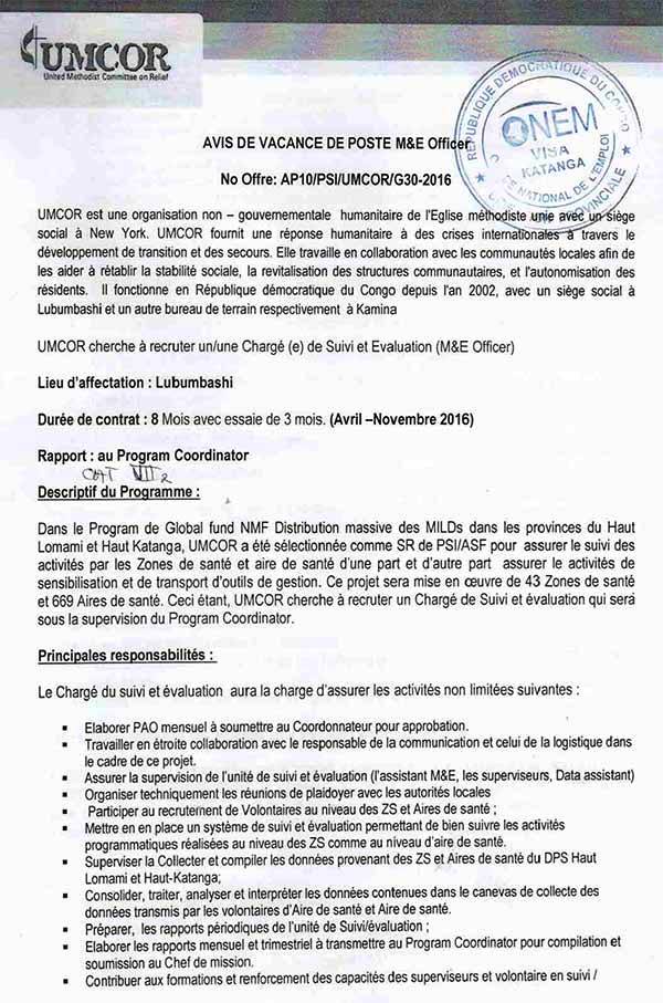 mediacongo.net - Offre d'emploi - Chargé(e) de Suivi et Evaluation (M&E Officer)