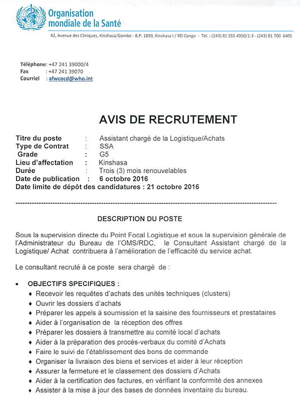 mediacongo.net - Offre d'emploi - Assistant chargé de la Logistique/Achats