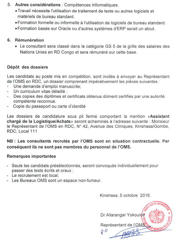 mediacongo.net - Offre d'emploi - Assistant chargé de la Logistique/Achats