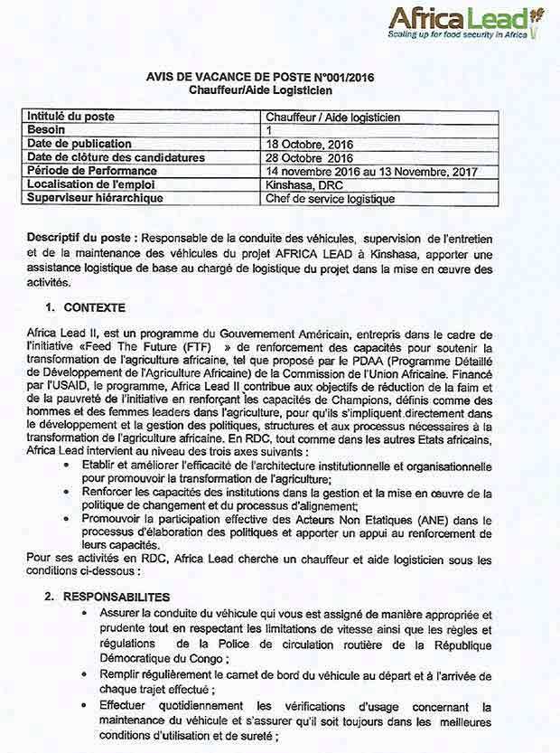 mediacongo.net - Offre d'emploi - Chauffeur / Aide logisticien