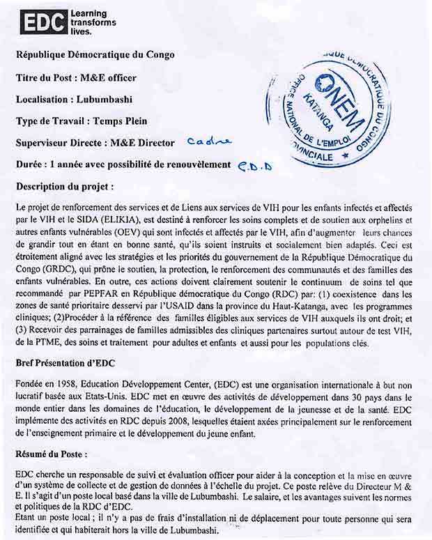 mediacongo.net - Offre d'emploi - Responsable de suivi et évaluation officer