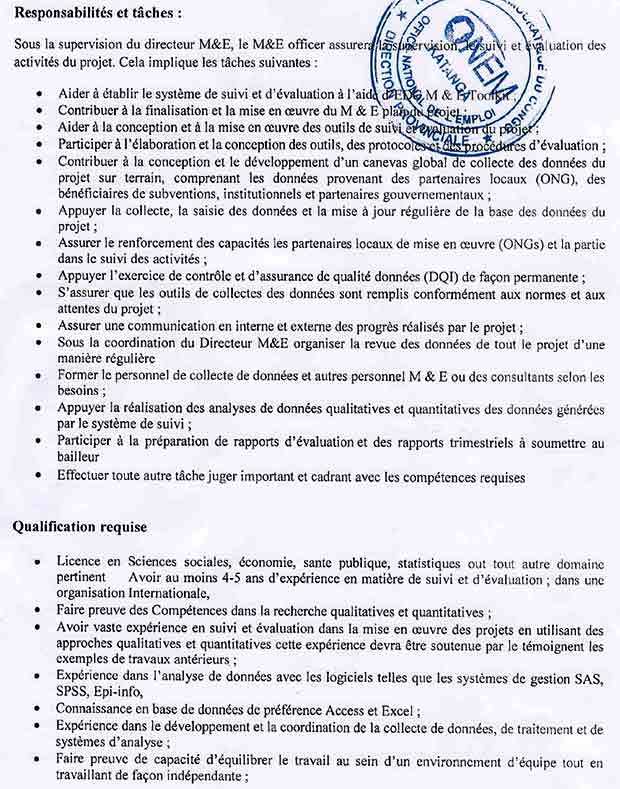 mediacongo.net - Offre d'emploi - Responsable de suivi et évaluation officer