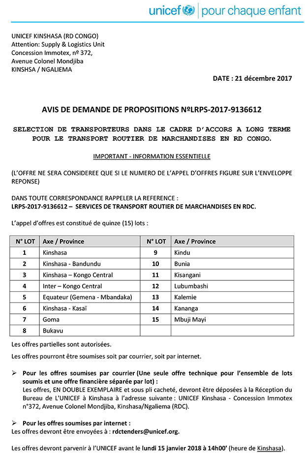 mediacongo.net - Offre d'emploi - Services de transport routier de marchandises en RDC