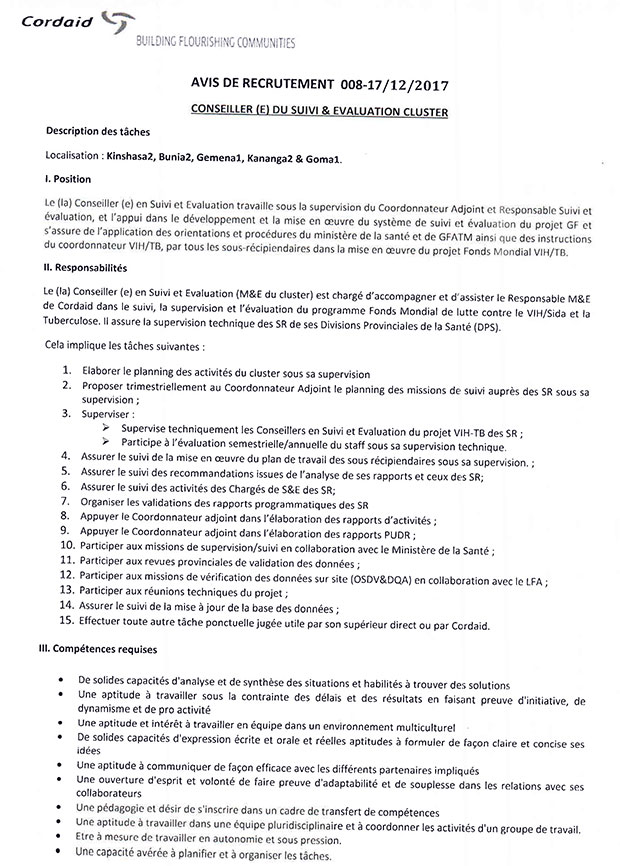 mediacongo.net - Offre d'emploi - Conseiller(e) du suivi & évaluation ... mediacongo.net - Offre d'emploi - Conseiller(e) du suivi & évaluation ...