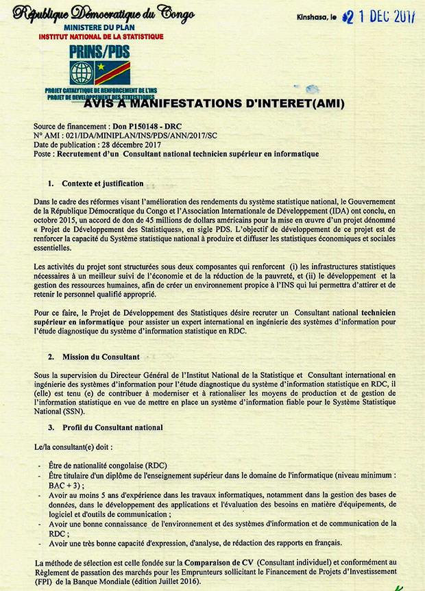 mediacongo.net - Offre d'emploi - Consultant national technicien supérieur en informatique