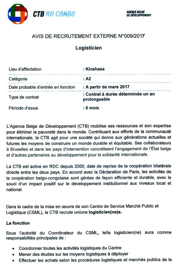 mediacongo.net - Offre d'emploi - Logisticien