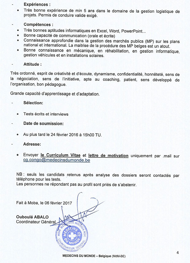 mediacongo.net - Offre d'emploi - Responsable logistique