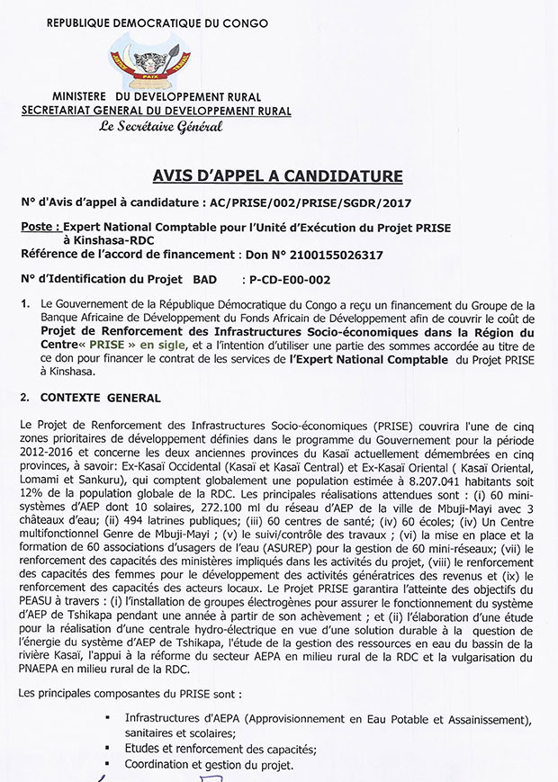 mediacongo.net - Offre d'emploi - Expert National Comptable pour l'Unité d'Exécution
