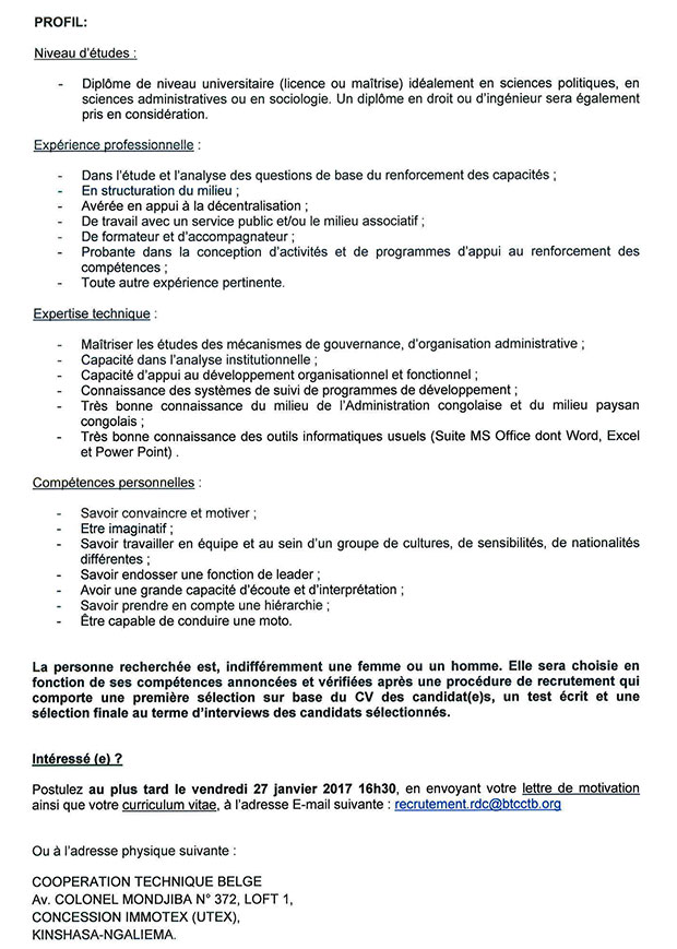 mediacongo.net - Offre d'emploi - Expert en Renforcement de Capacités et Appui Institutionnel