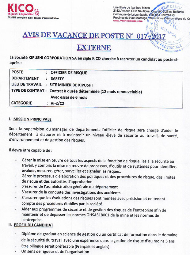 mediacongo.net - Offre d'emploi - Officier de Risque
