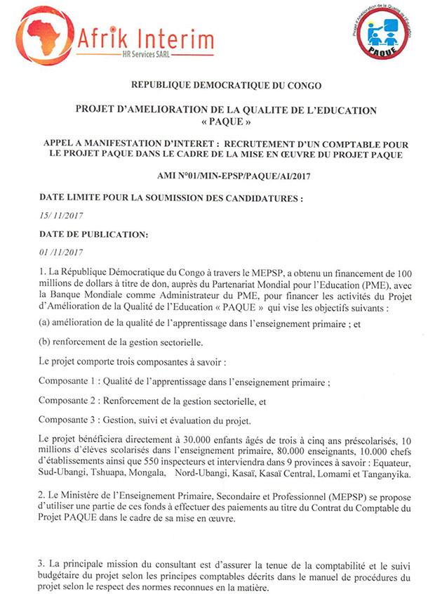 mediacongo.net - Offre d'emploi - Comptable pour le Projet Pâque