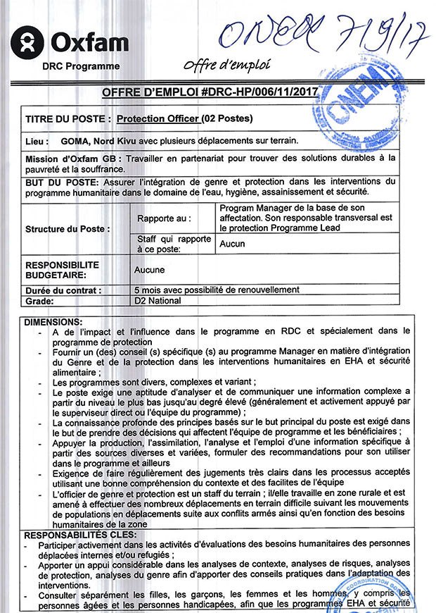 mediacongo.net - Offre d'emploi - Protection Officer