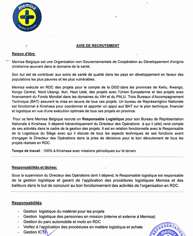 mediacongo.net - Offre d'emploi - Responsable Logistique