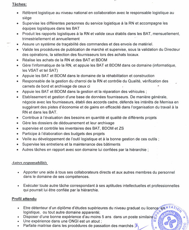 mediacongo.net - Offre d'emploi - Responsable Logistique