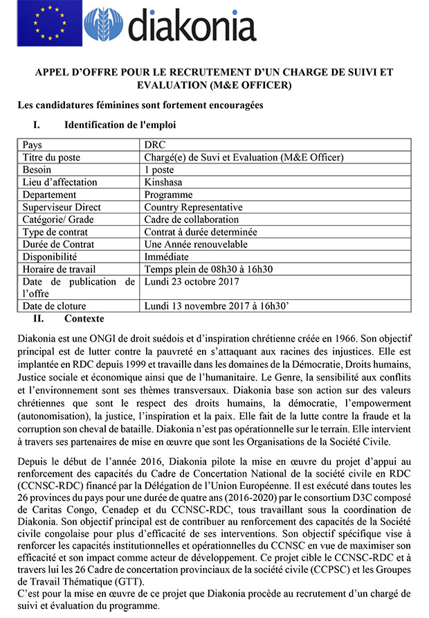 mediacongo.net - Offre d'emploi - Chargé(e) de Suivi et Evaluation (M&E Officer)
