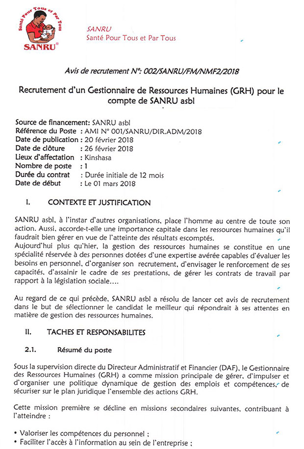 mediacongo.net - Offre d'emploi - Gestionnaire de Ressources Humaines (GRH)
