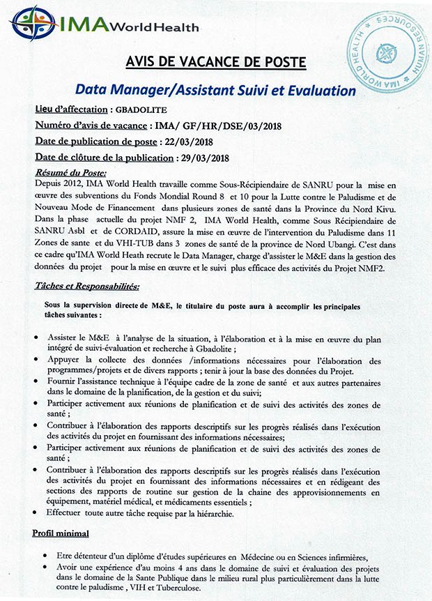 mediacongo.net - Offre d'emploi - Data Manager/Assistant Suivi et ...
