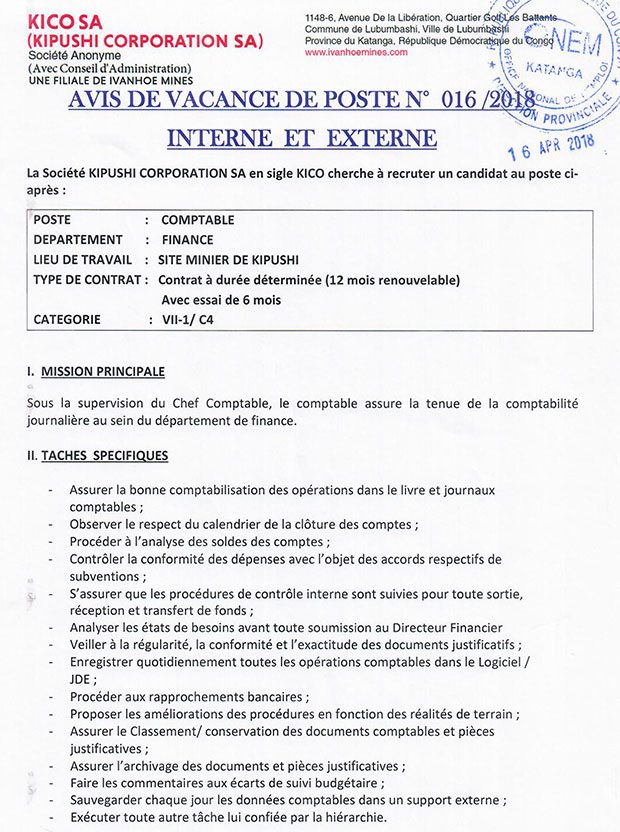 mediacongo.net - Offre d'emploi - Comptable