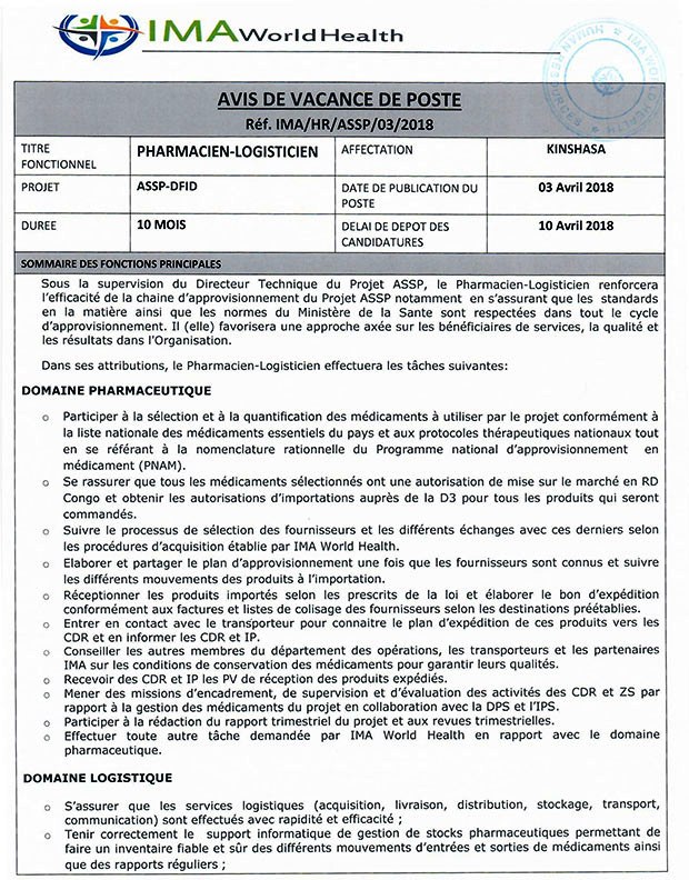 mediacongo.net - Offre d'emploi - Pharmacien-Logisticien