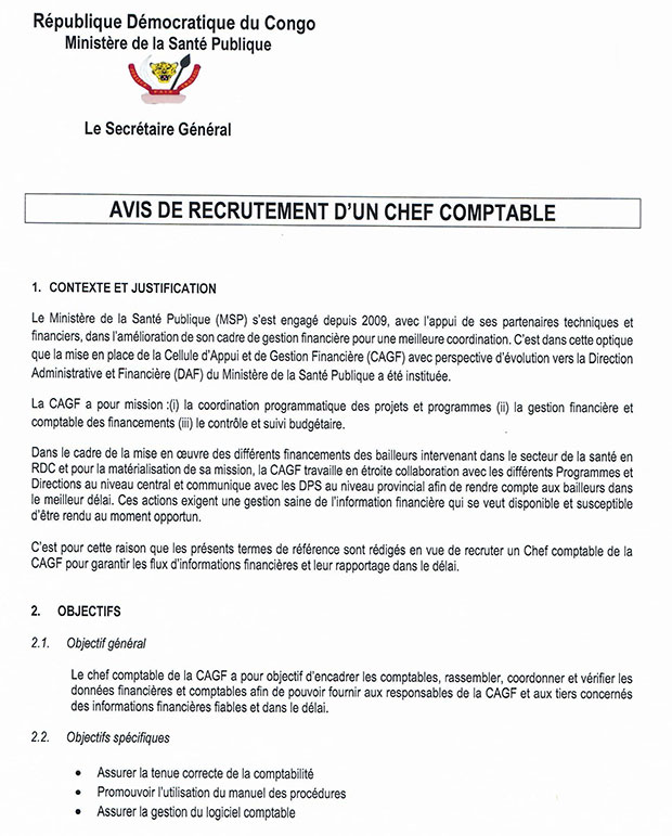 mediacongo.net - Offre d'emploi - Chef Comptable