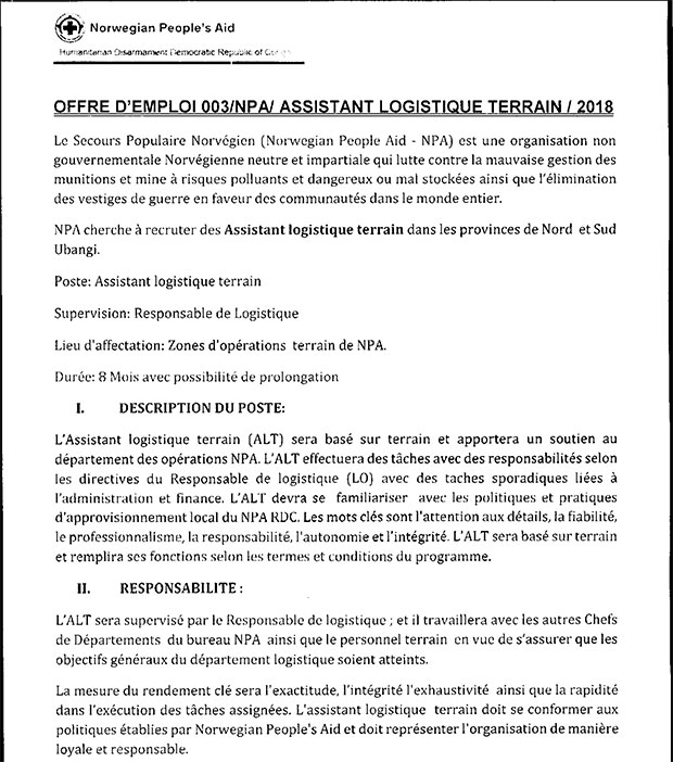 mediacongo.net - Offre d'emploi - Assistant logistique terrain