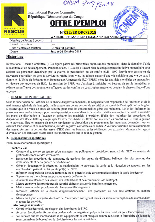 mediacongo.net - Offre d'emploi - Warehouse assistant (Magasinier Assistant)
