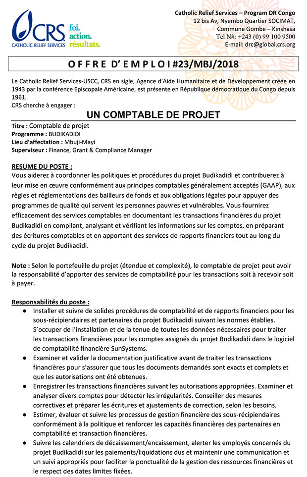 mediacongo.net - Offre d'emploi - Comptable de projet