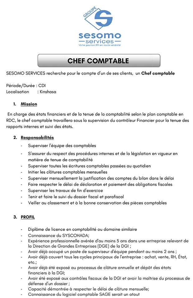 mediacongo.net - Offre d'emploi - Chef comptable