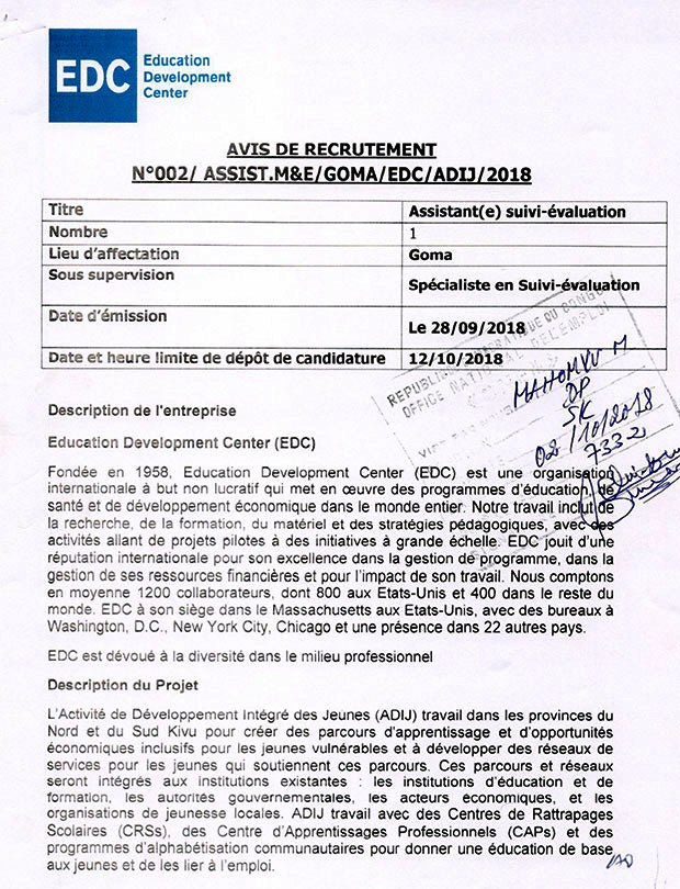 mediacongo.net - Offre d'emploi - Assistant(e) suivi-évaluation