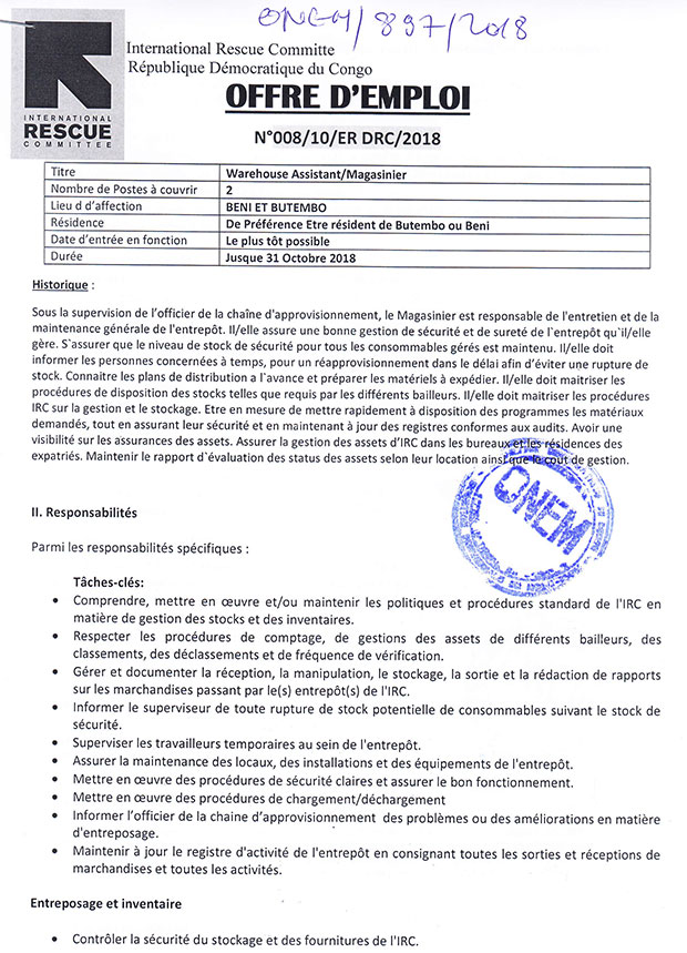 mediacongo.net - Offre d'emploi - Warehouse Assistant/Magasinier
