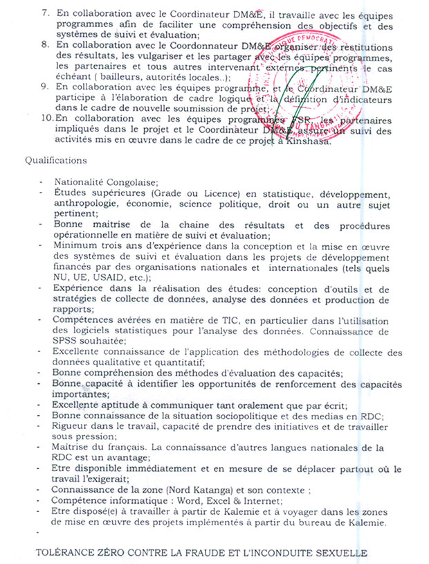 mediacongo.net - Offre d'emploi - Assistant(e) en Suivi et Evaluation