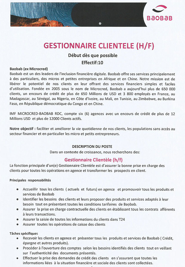 mediacongo.net - Offre d'emploi - Gestionnaire clientèle (H/F)