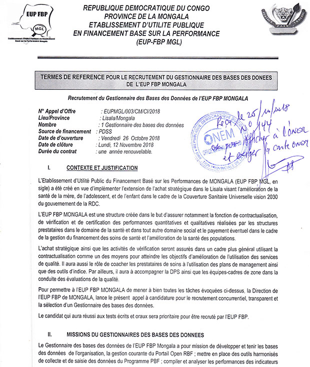 mediacongo.net - Offre d'emploi - Gestionnaire des Bases des Données