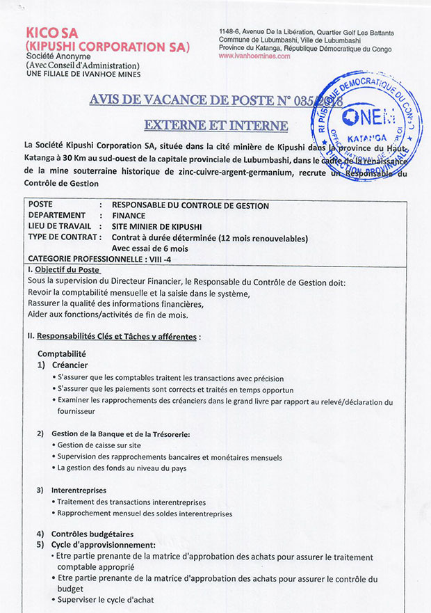 mediacongo.net - Offre d'emploi - Responsable du contrôle de gestion