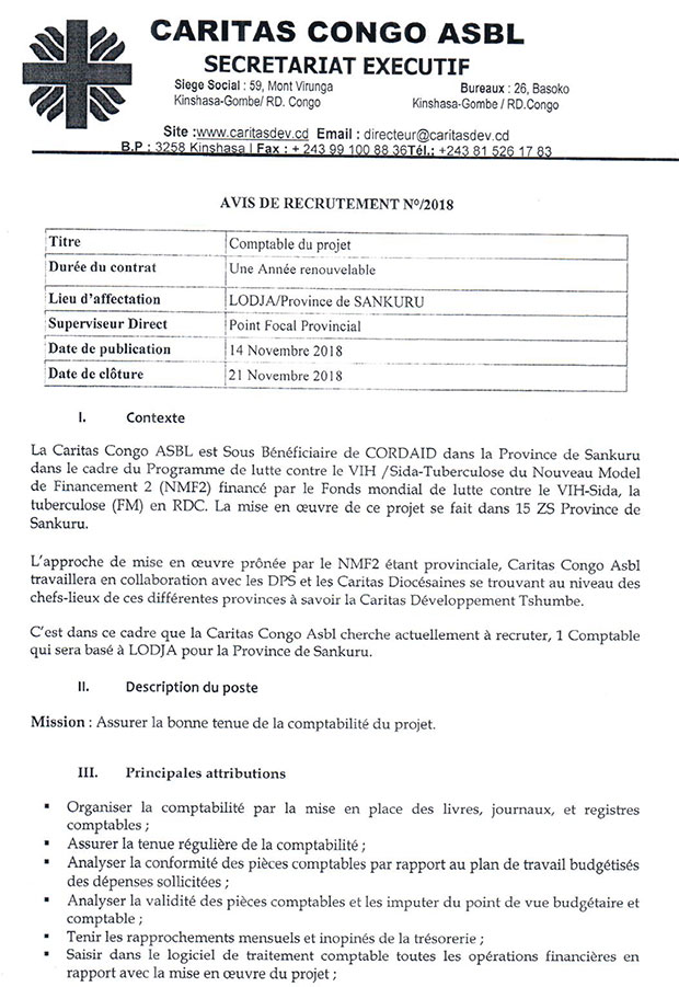 mediacongo.net - Offre d'emploi - Comptable du projet